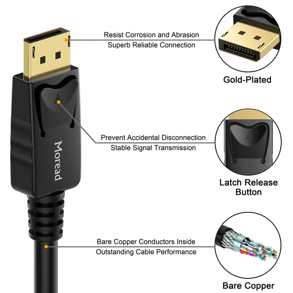 Moread Gold-Plated DisplayPort to DisplayPort Cable, 4K Ready - Black ...